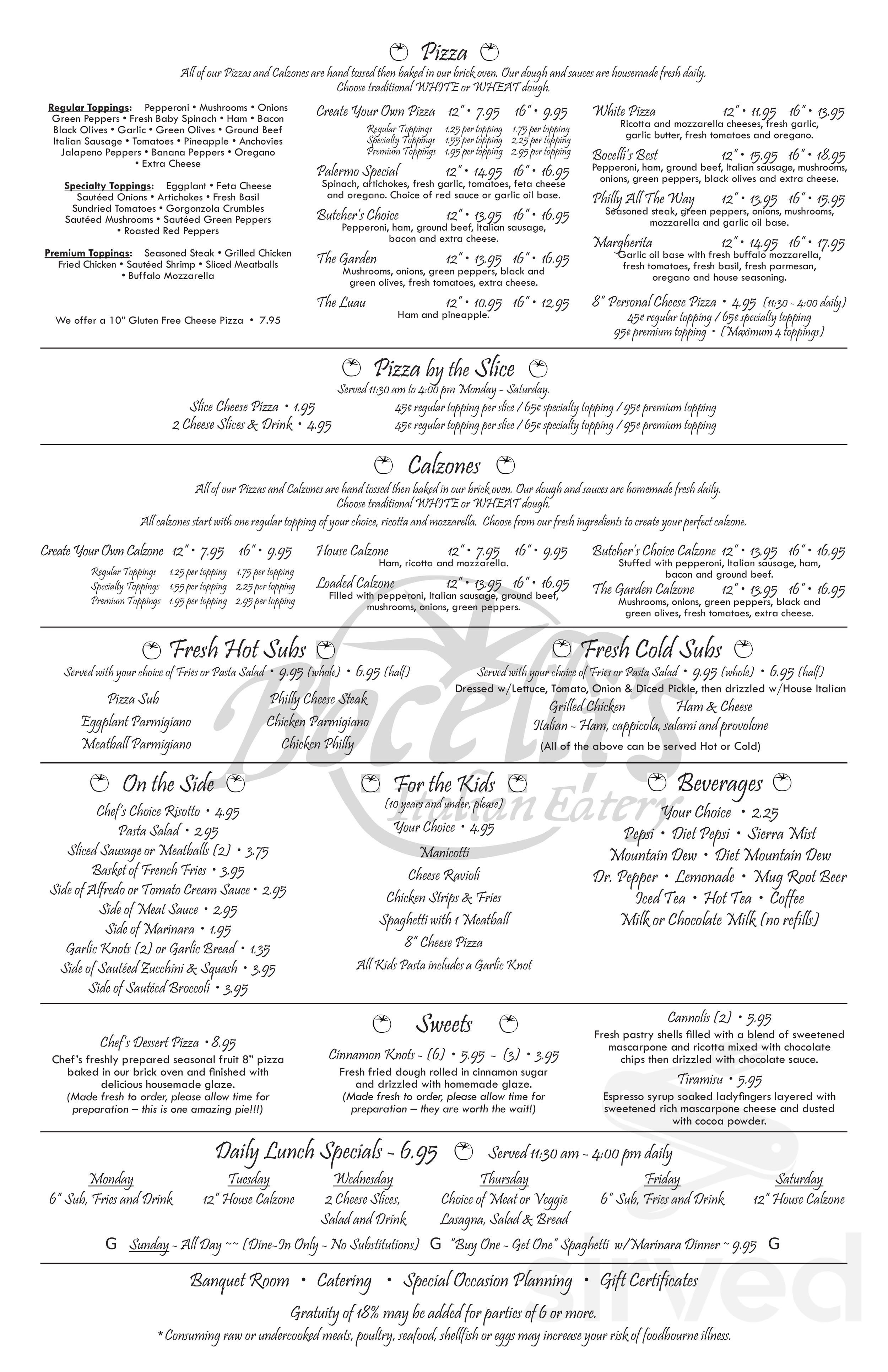 Bocelli's Italian Eatery menu in Waynesville, North Carolina, USA