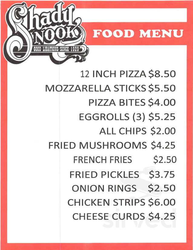 Shady Nook menu in Fort Wayne, Indiana, USA