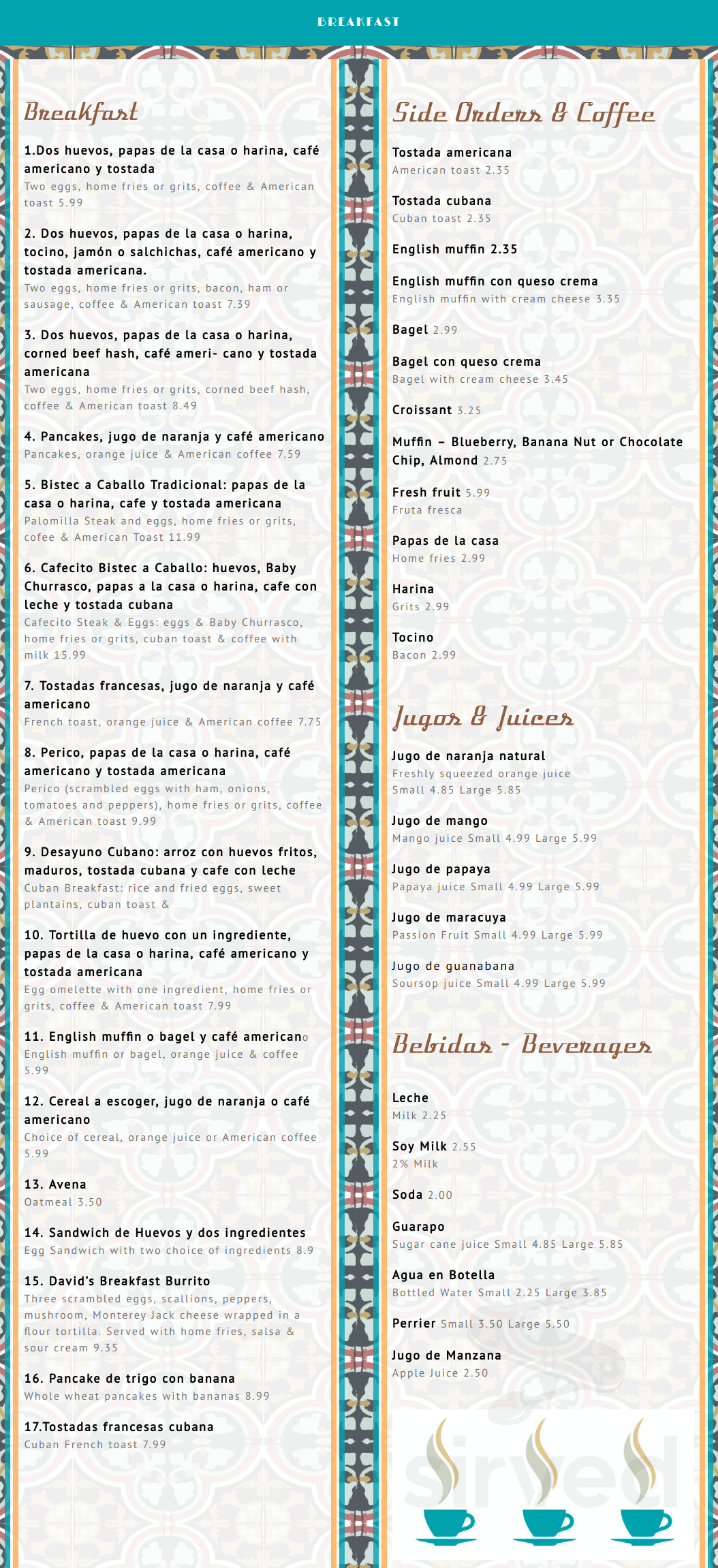 Menu - Miami Beach FL's David's Cafe Cafecito | Sirved
