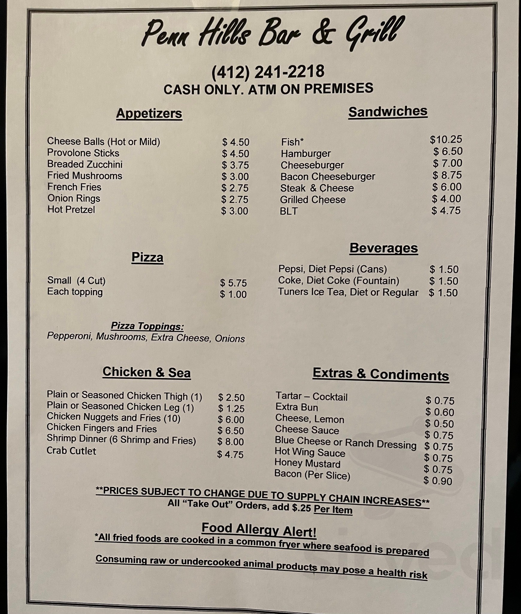 Menu For Penn Hills Bar Grill Inc In Pittsburgh PA Sirved