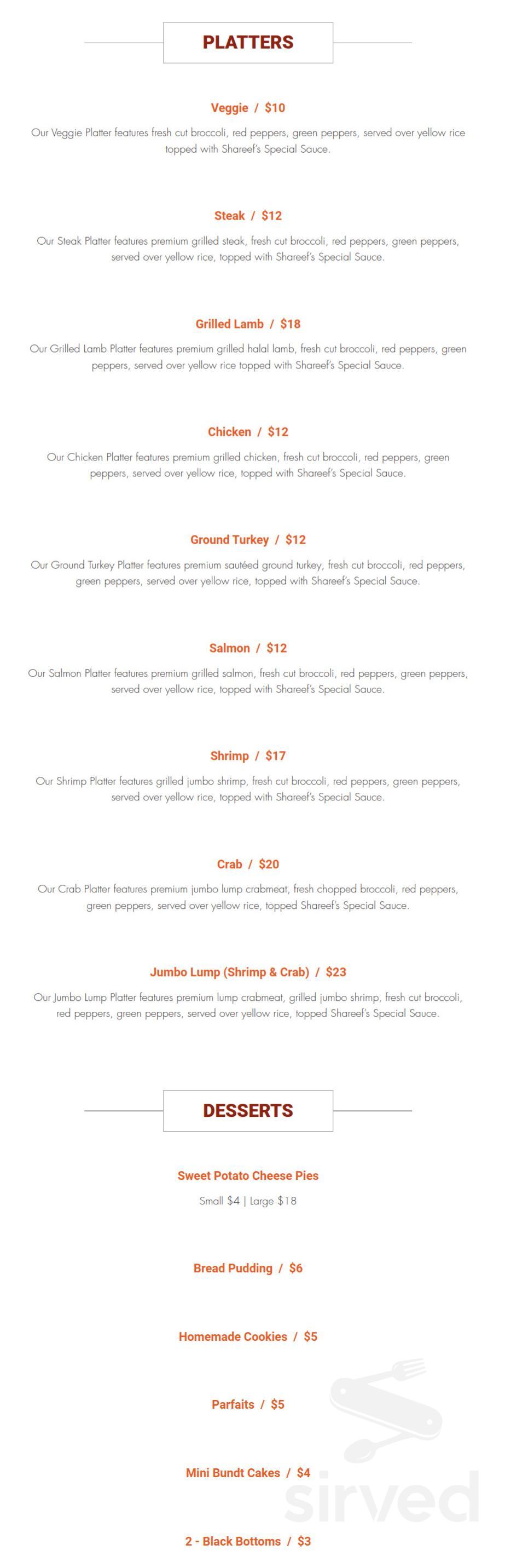 Shareef's House of Wraps menu in Baltimore, Maryland, USA