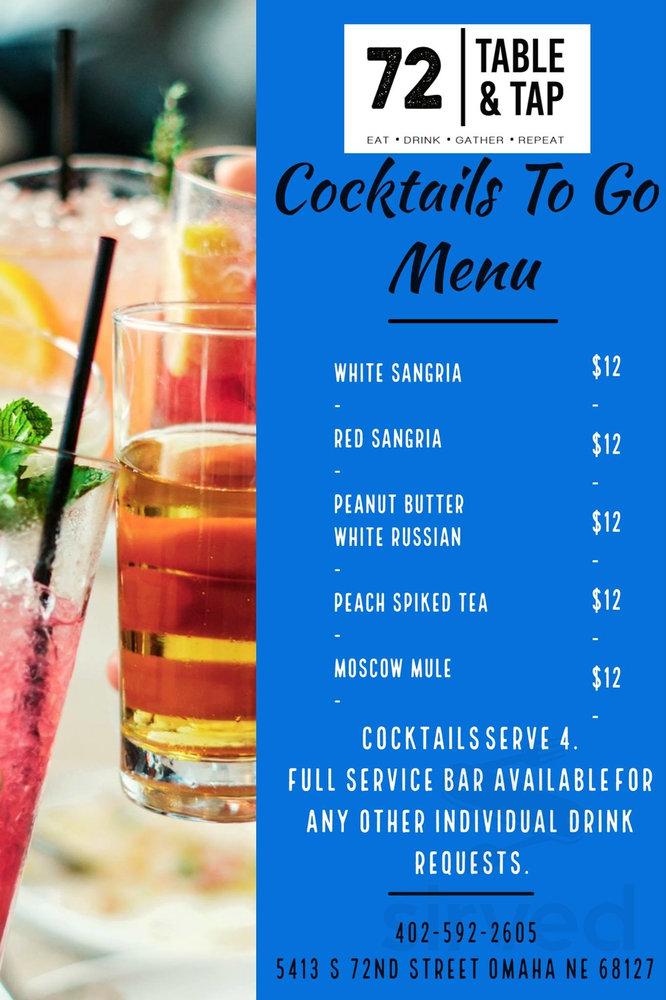Menu for 72 Table & Tap in Omaha, NE | Sirved