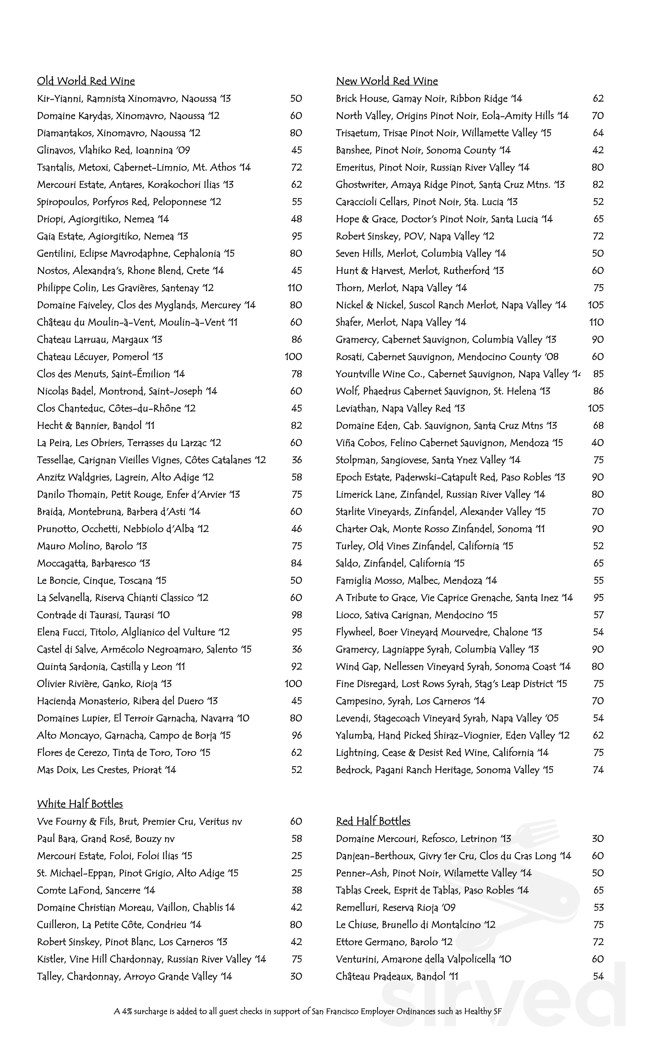 Kokkari Estiatorio menu in San Francisco, California, USA