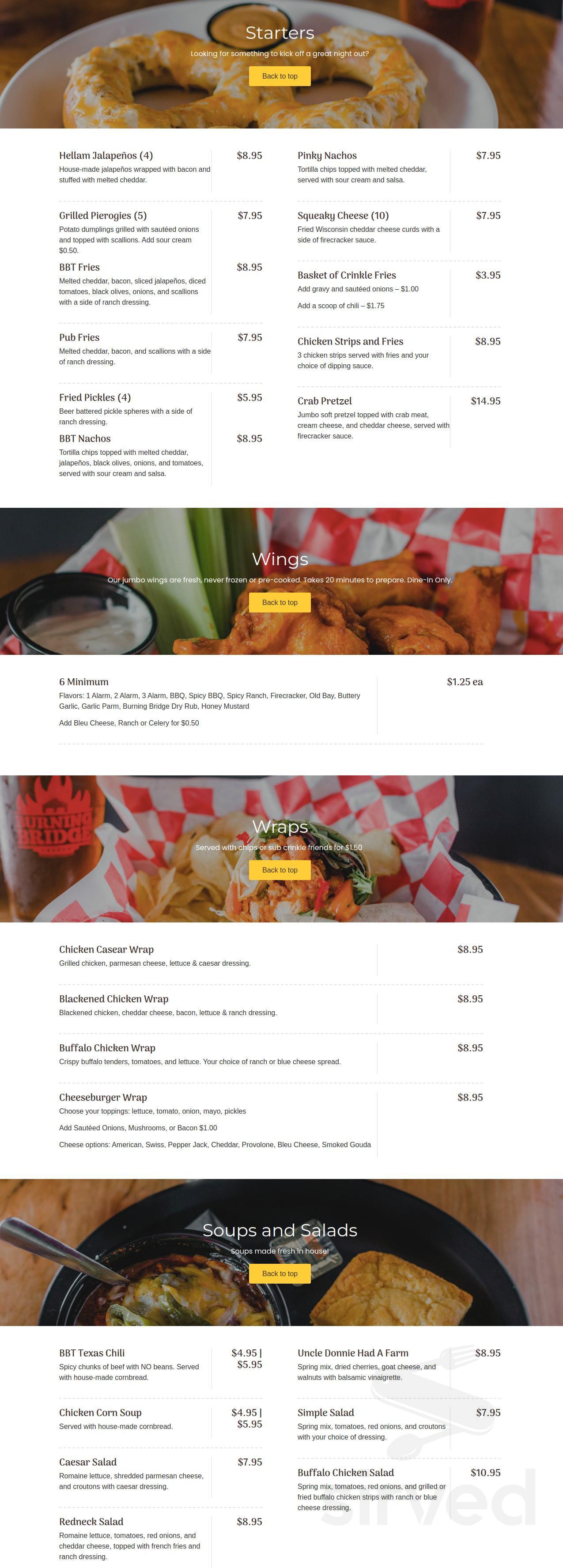 Burning Bridge Tavern menu in Wrightsville, Pennsylvania, USA
