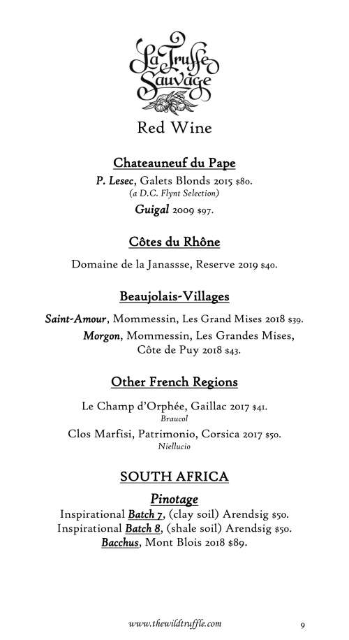 La Truffe Sauvage menu in Lake Charles, Louisiana, USA