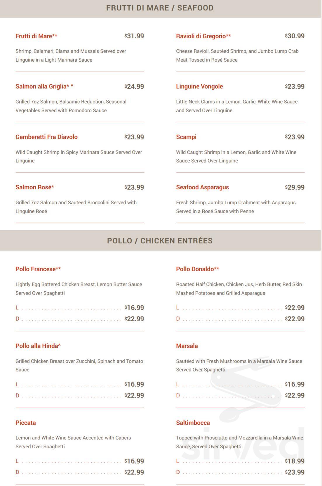 Gregorio's Trattoria menu in Bethesda, Maryland, USA