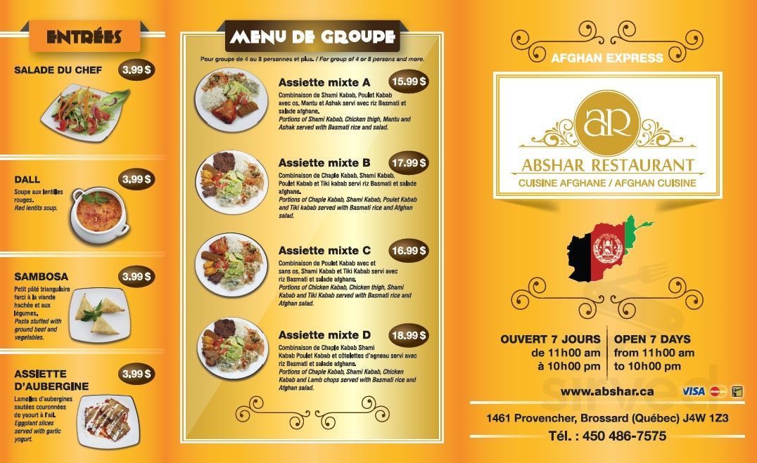 Abshar Restaurant Afghan Cuisine menu in Brossard, Quebec, Canada