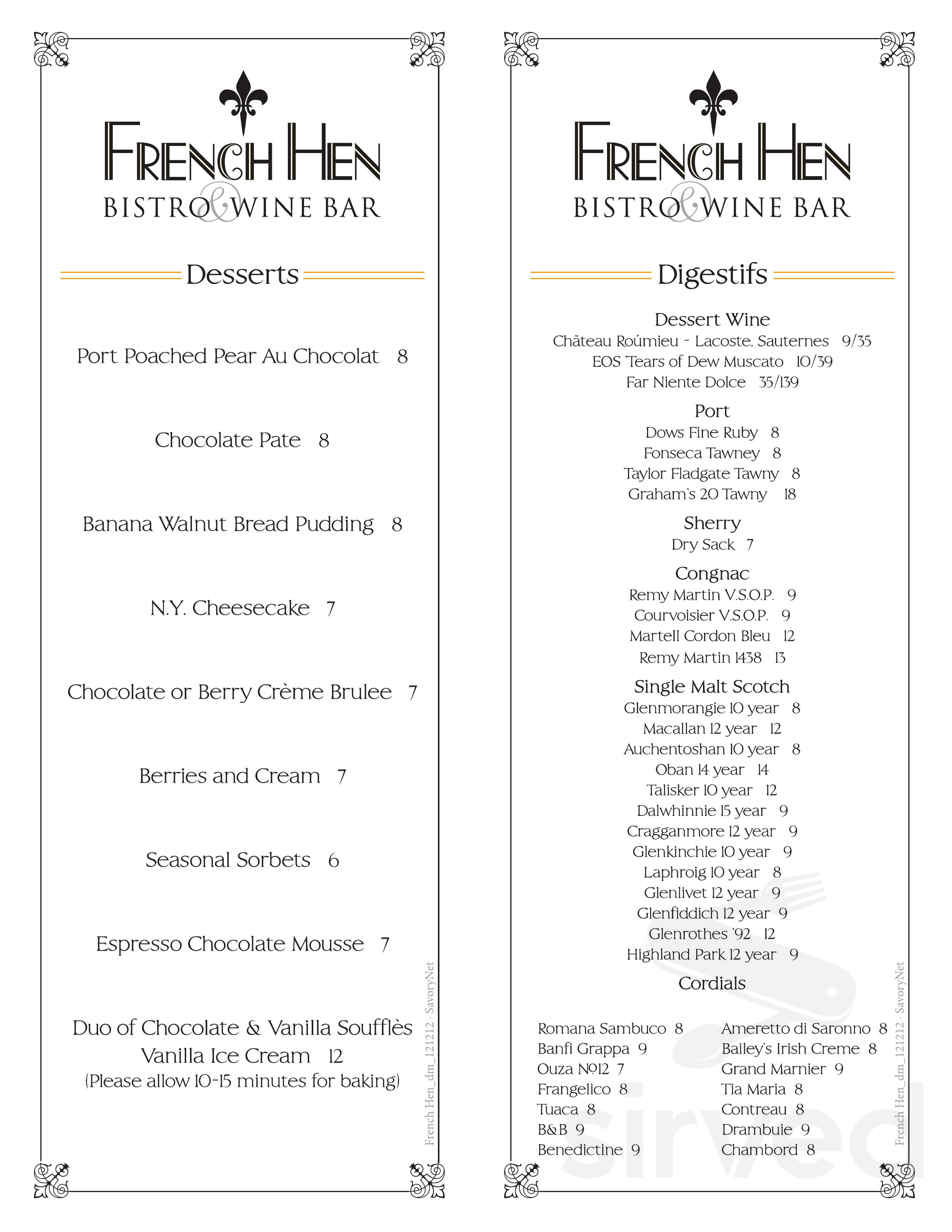 French Hen menu in Tulsa, Oklahoma, USA