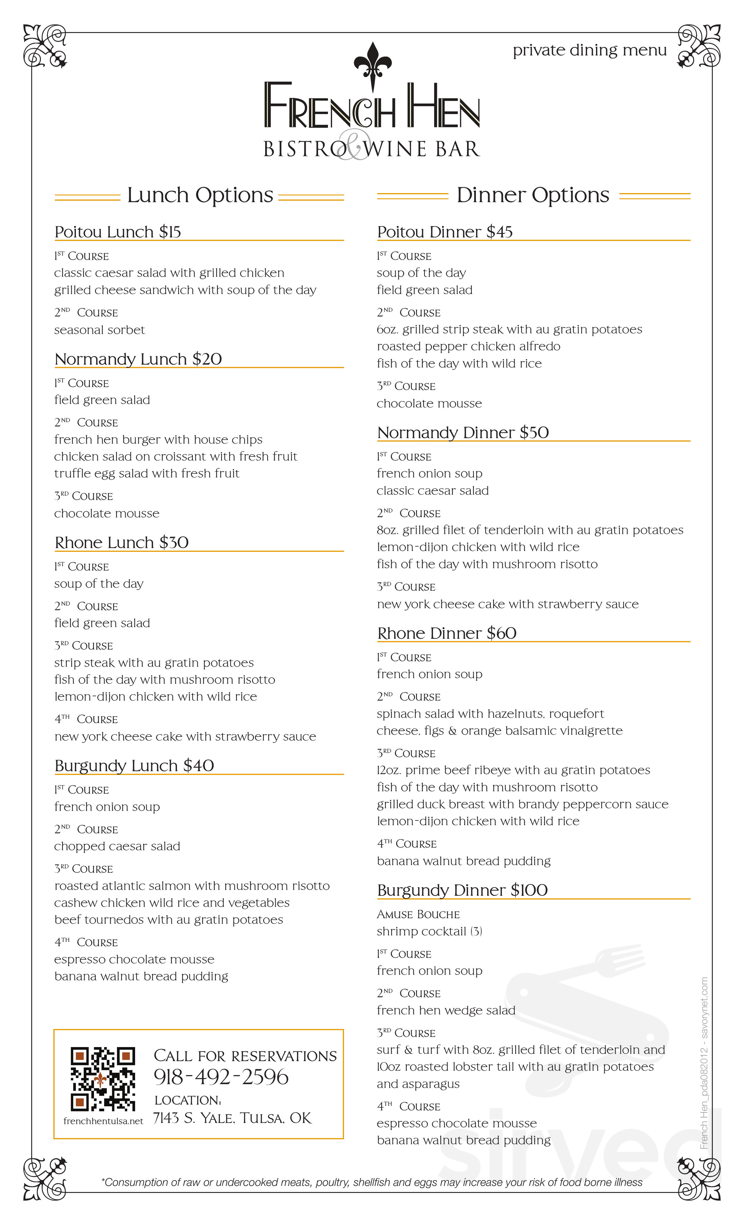 French Hen menu in Tulsa, Oklahoma, USA