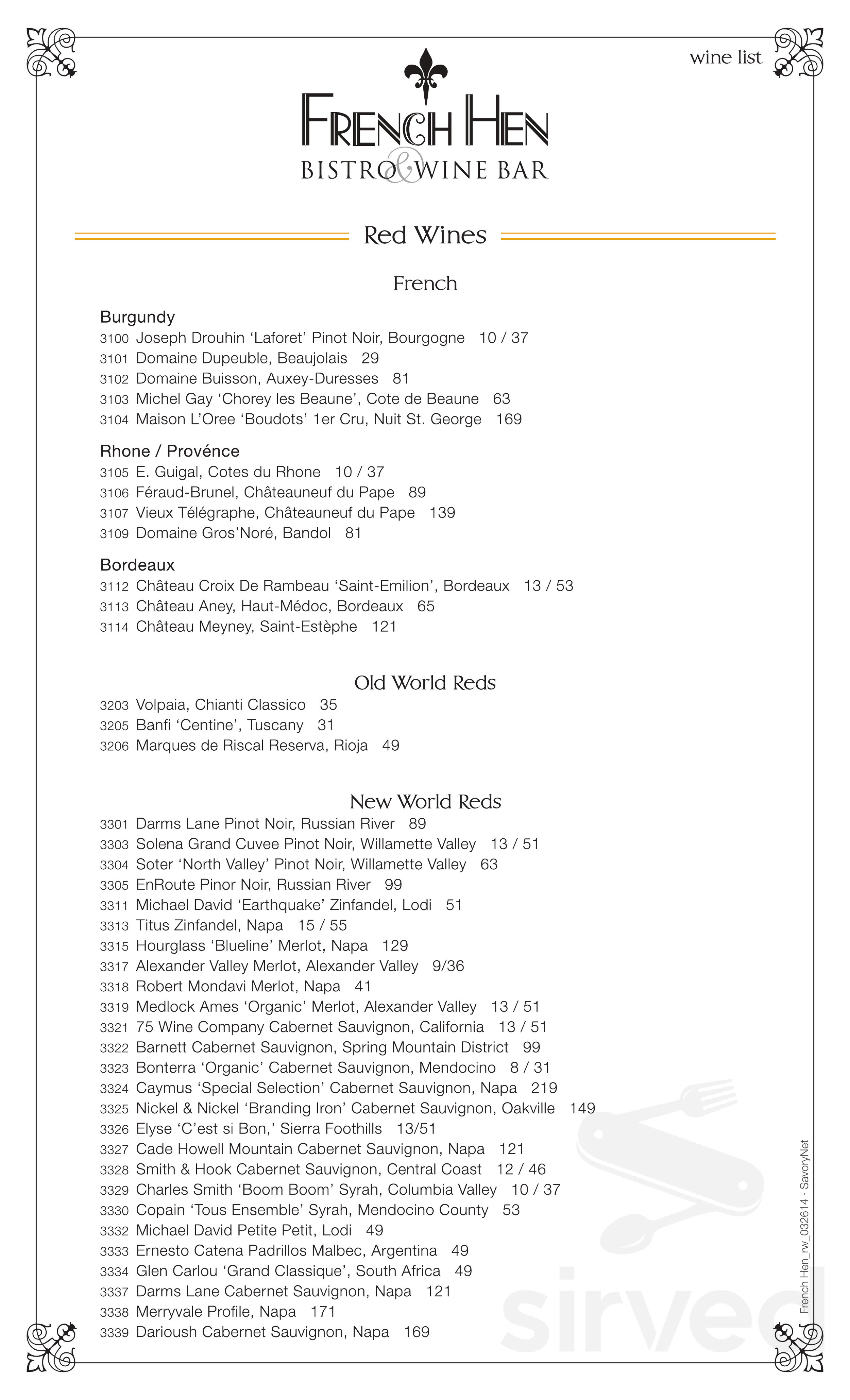 French Hen menu in Tulsa, Oklahoma, USA
