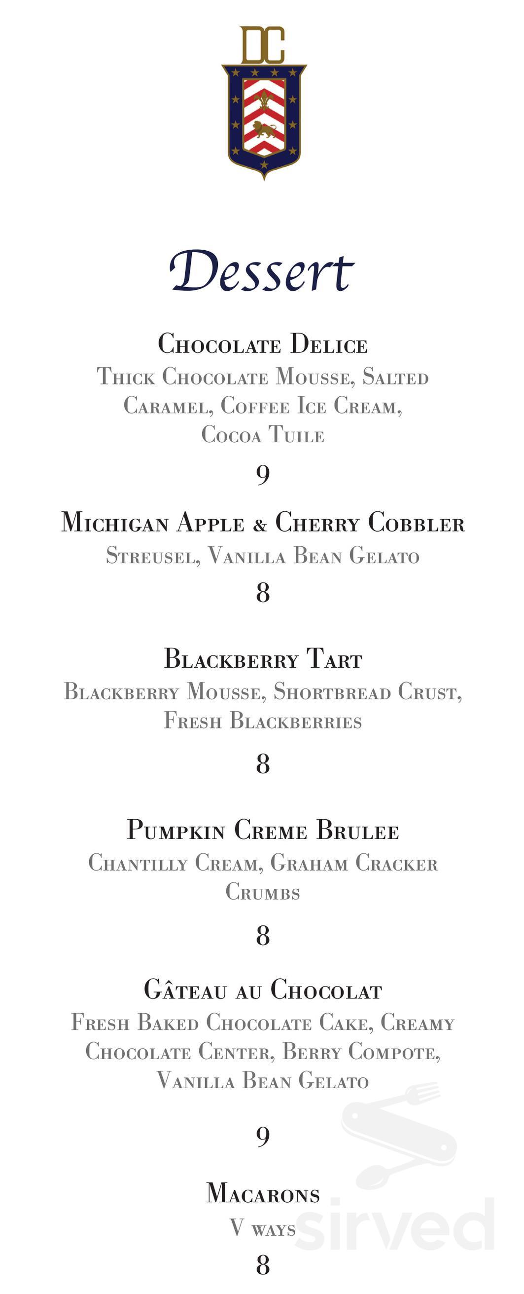 The Detroit Club menu in Detroit, Michigan, USA