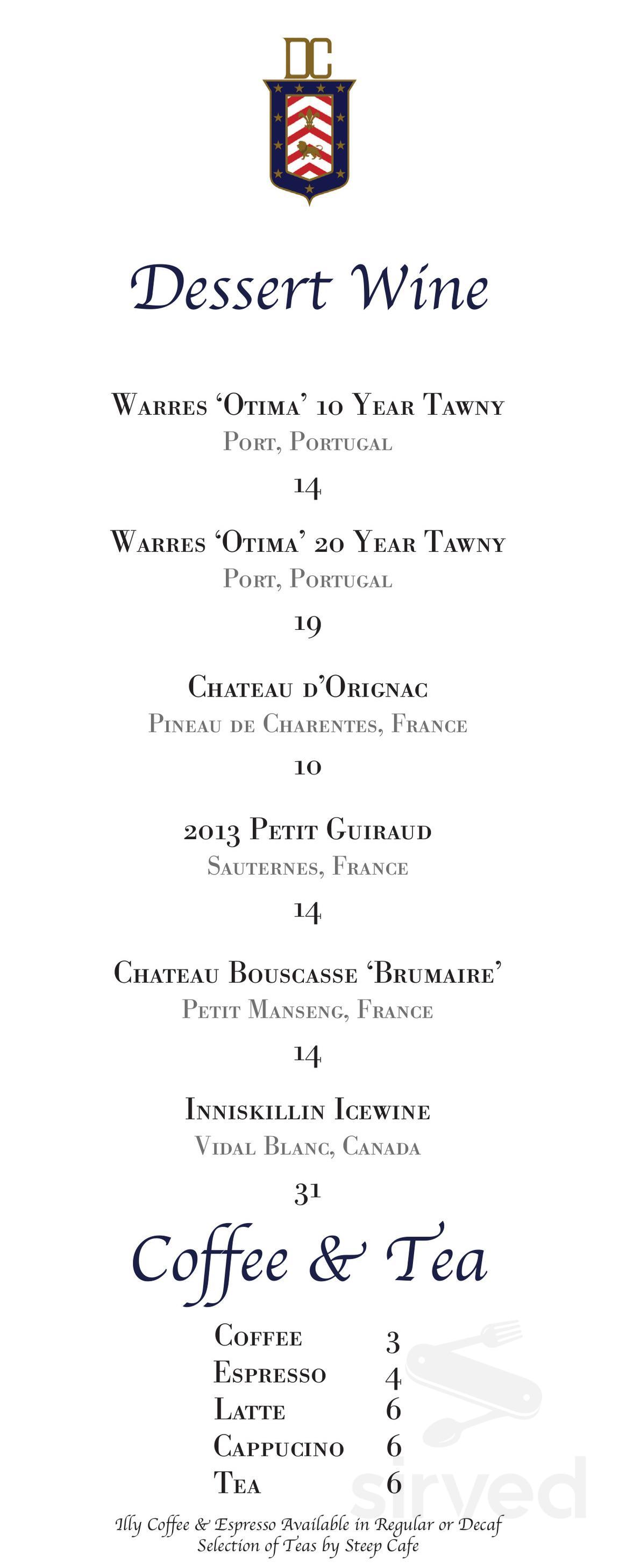 The Detroit Club menu in Detroit, Michigan, USA