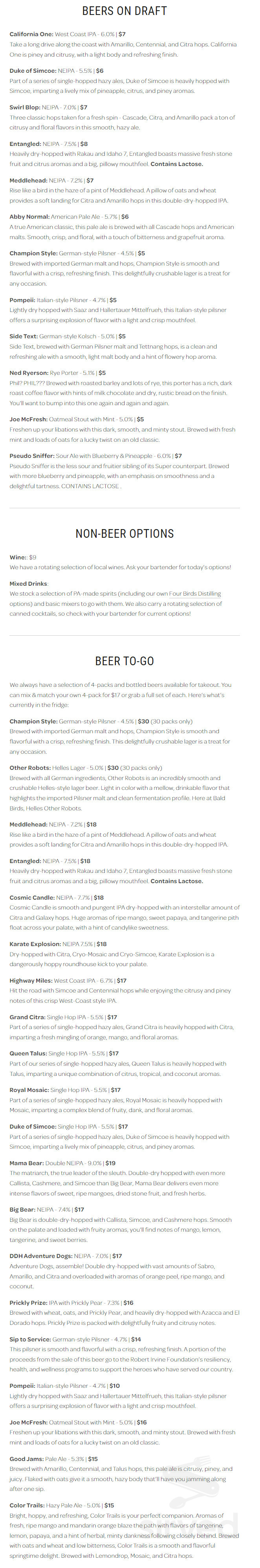 Bald Birds Brewing Company menu in Audubon, Pennsylvania, USA