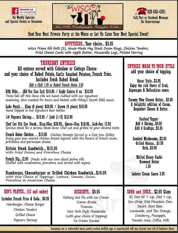 The Wisco An Old Fashioned Supper Club menu in Lomira, Wisconsin, USA