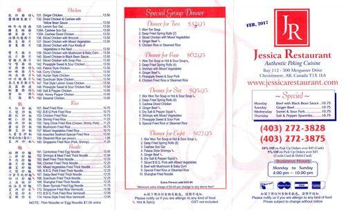 Jessica Restaurant menu in Chestermere, Alberta, Canada