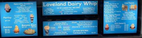 Loveland Dairy Whip menu in Loveland, Ohio, USA