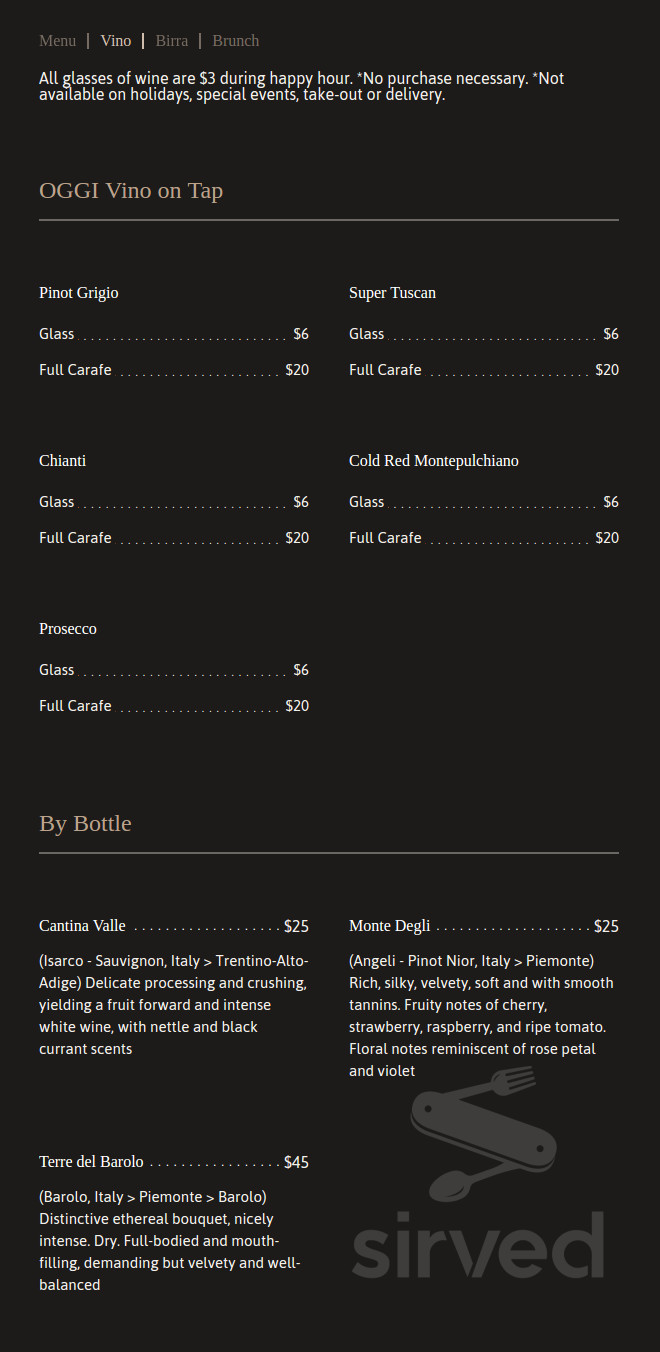 Oggi Italian menu in Tampa, Florida, USA