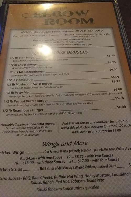 Elbow Room menu in Kokomo, Indiana, USA