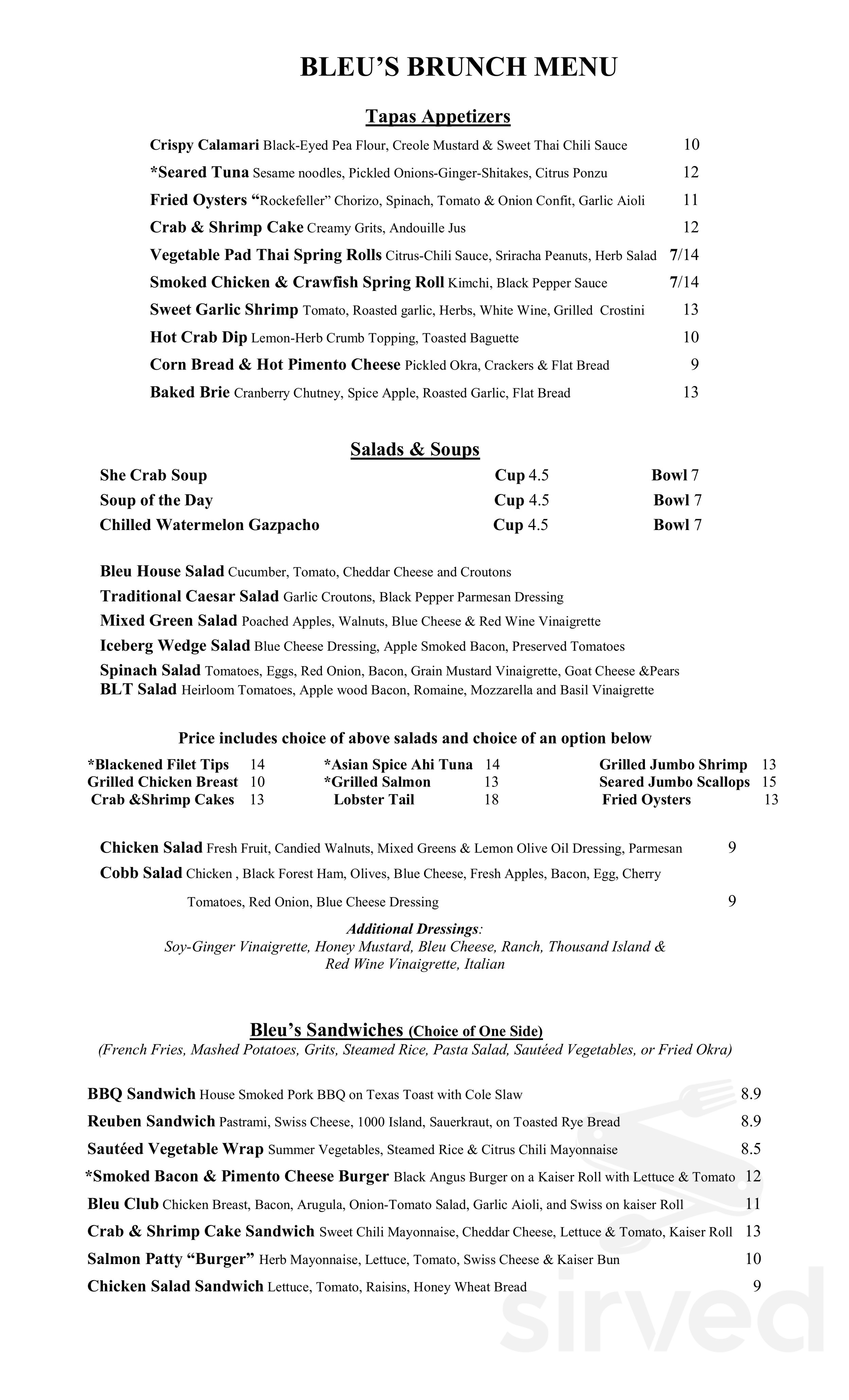 Bleu Restaurant and Bar menu in Winston-Salem, North Carolina, USA