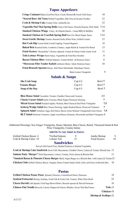 Bleu Restaurant and Bar menu in Winston-Salem, North Carolina, USA