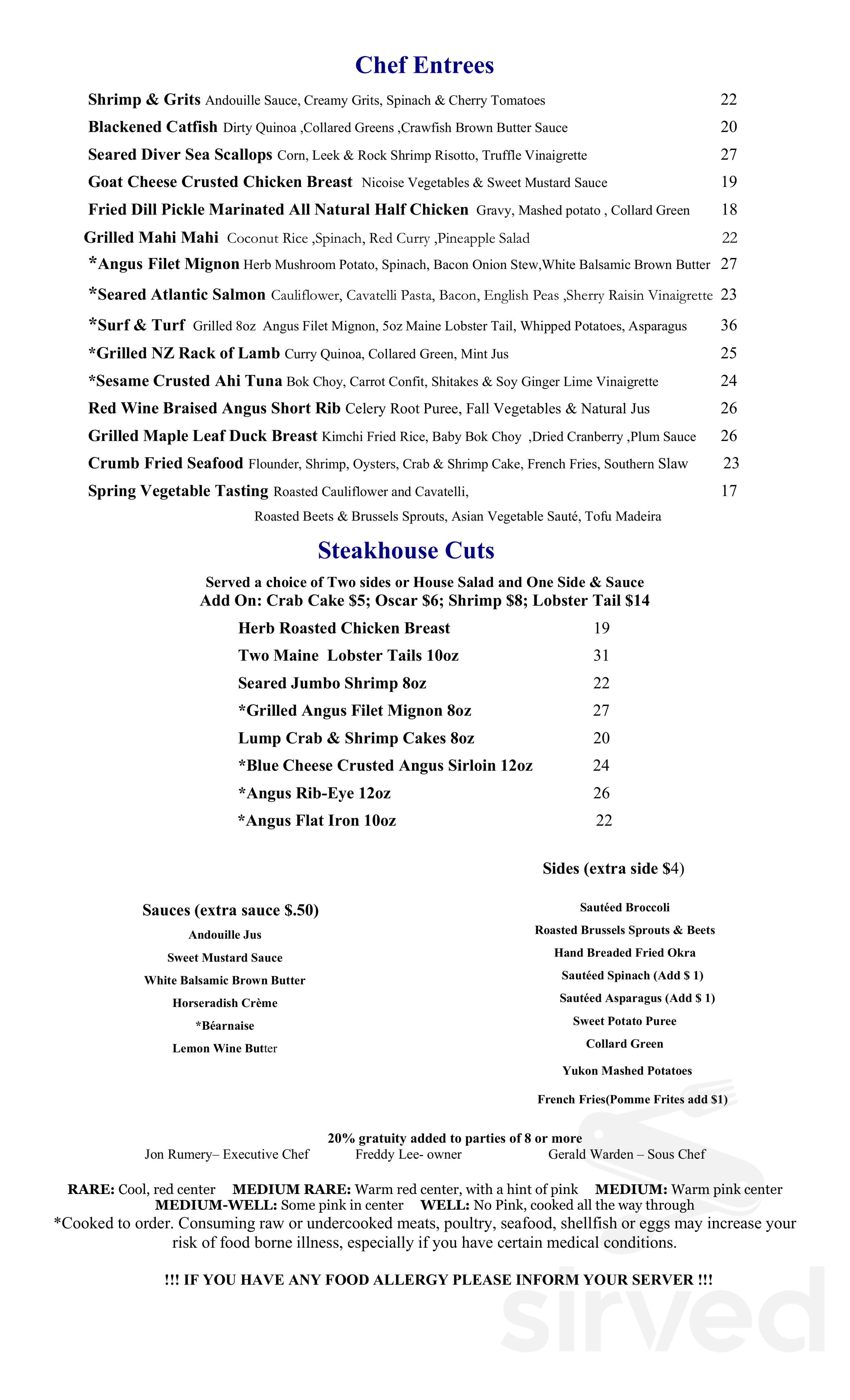 Bleu Restaurant and Bar menu in Winston-Salem, North Carolina, USA
