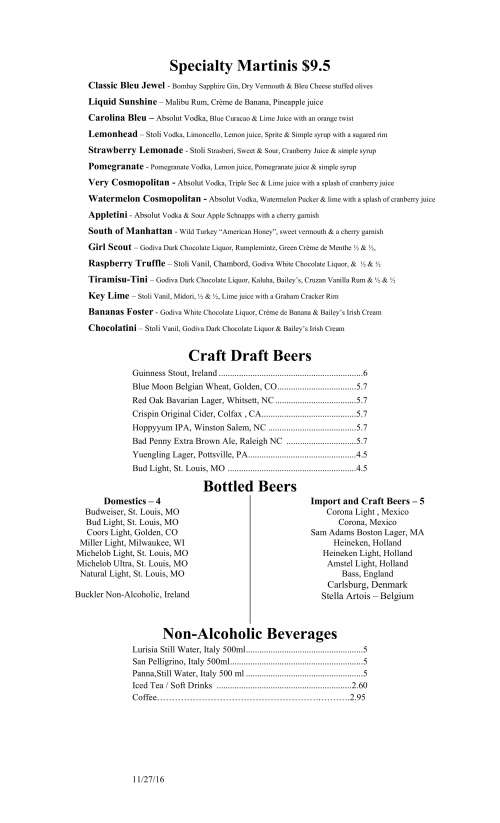Bleu Restaurant and Bar menu in Winston-Salem, North Carolina, USA
