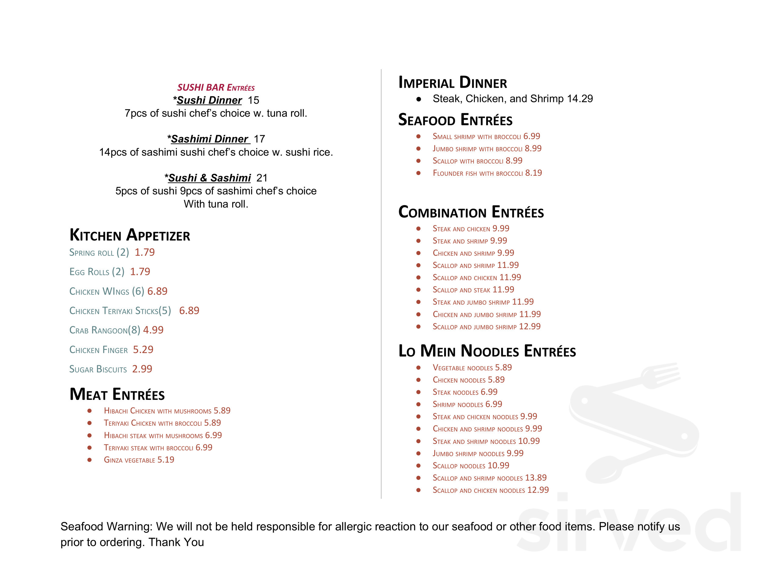 Ginza Restaurant menus in Camden, South Carolina, United States