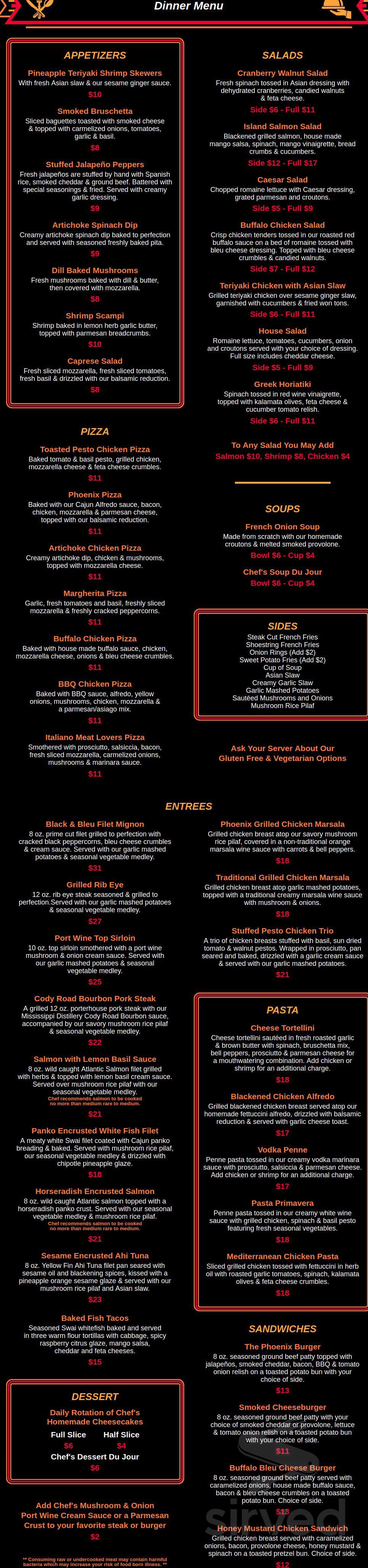 Menu for The Phoenix Restaurant & Martini Bar in Davenport, IA | Sirved