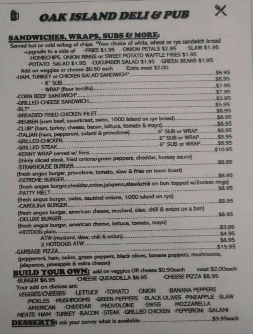 Oak Island Deli menu in Oak Island, North Carolina, USA