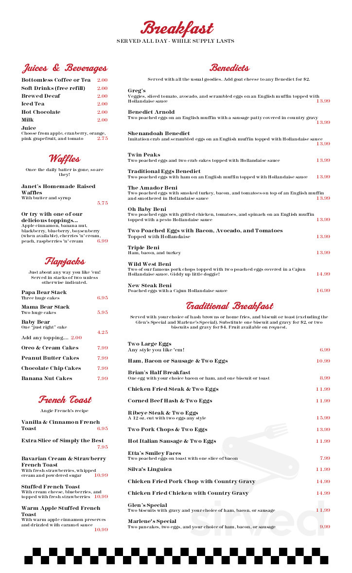Marlene & Glen's Diner menu in Plymouth, California, USA