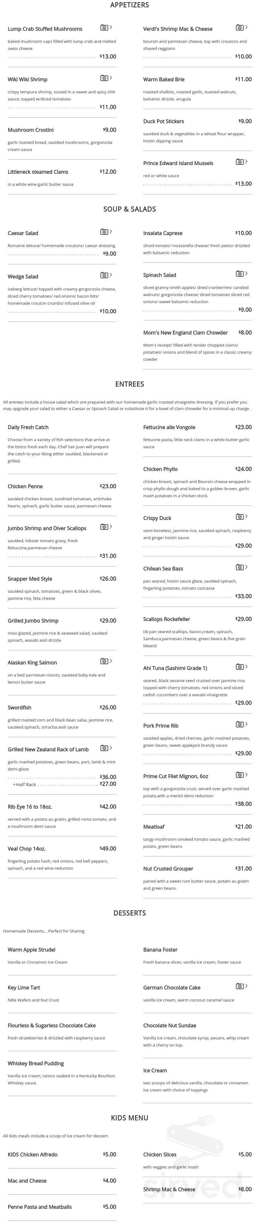 Menu for Verdi's American Bistro in Marco Island, FL | Sirved