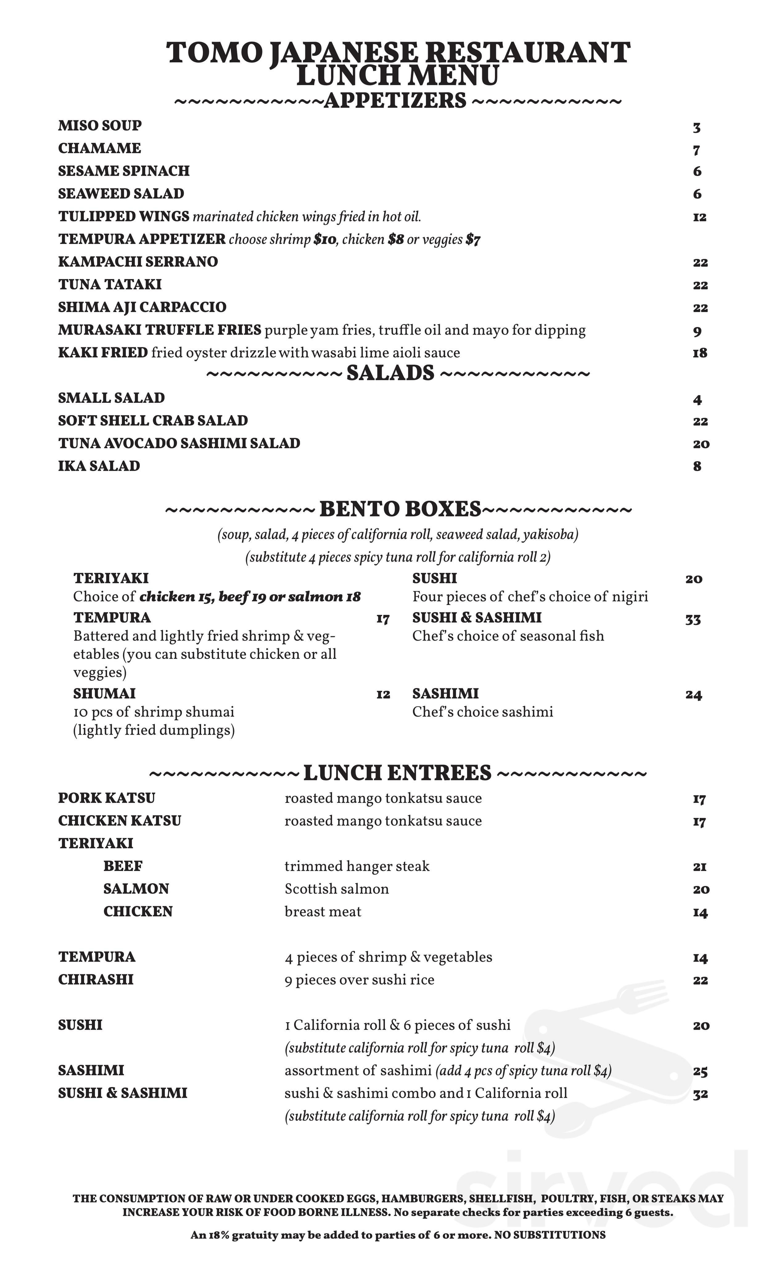 Tomo Japanese Restaurant menu in Atlanta, Georgia, USA