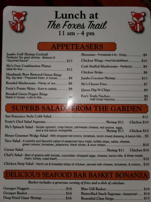THE FOXES TRAILS menu in Kokomo, Indiana, USA