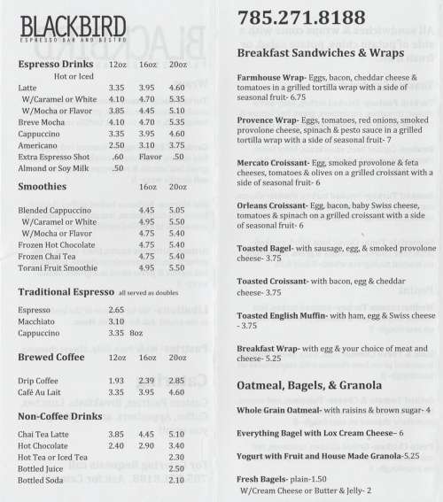 Blackbird menu in Topeka, Kansas, USA