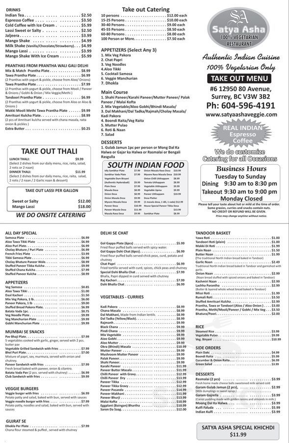 Satya Asha menu in Surrey, British Columbia, Canada