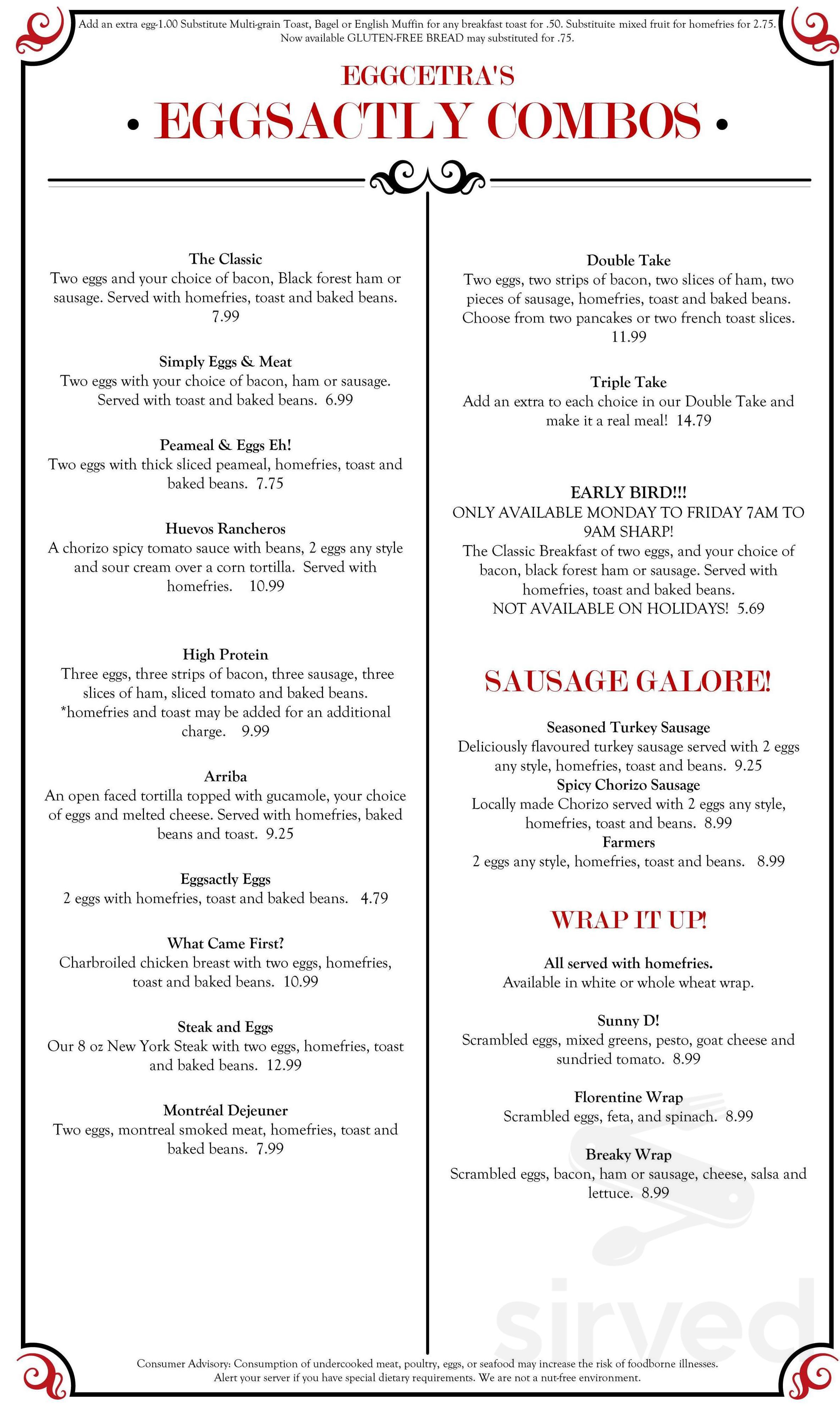 Eggcetra Restaurant & Deli menu in Guelph, Ontario, Canada