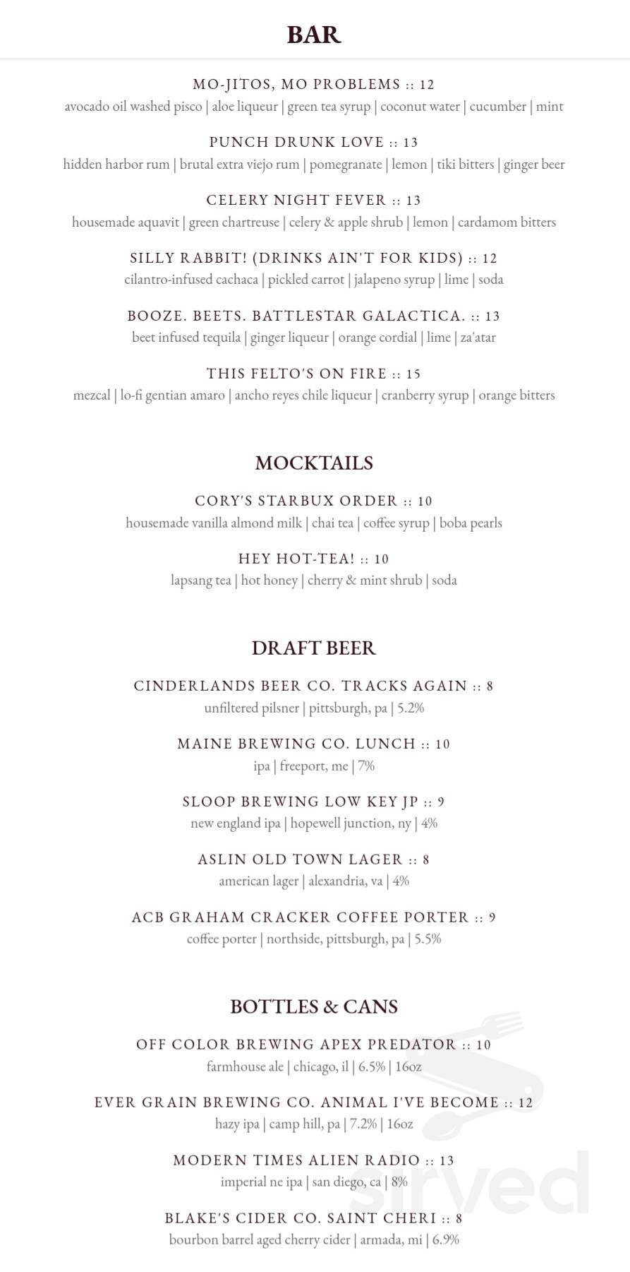 Fig & Ash menu in Pittsburgh, Pennsylvania, USA