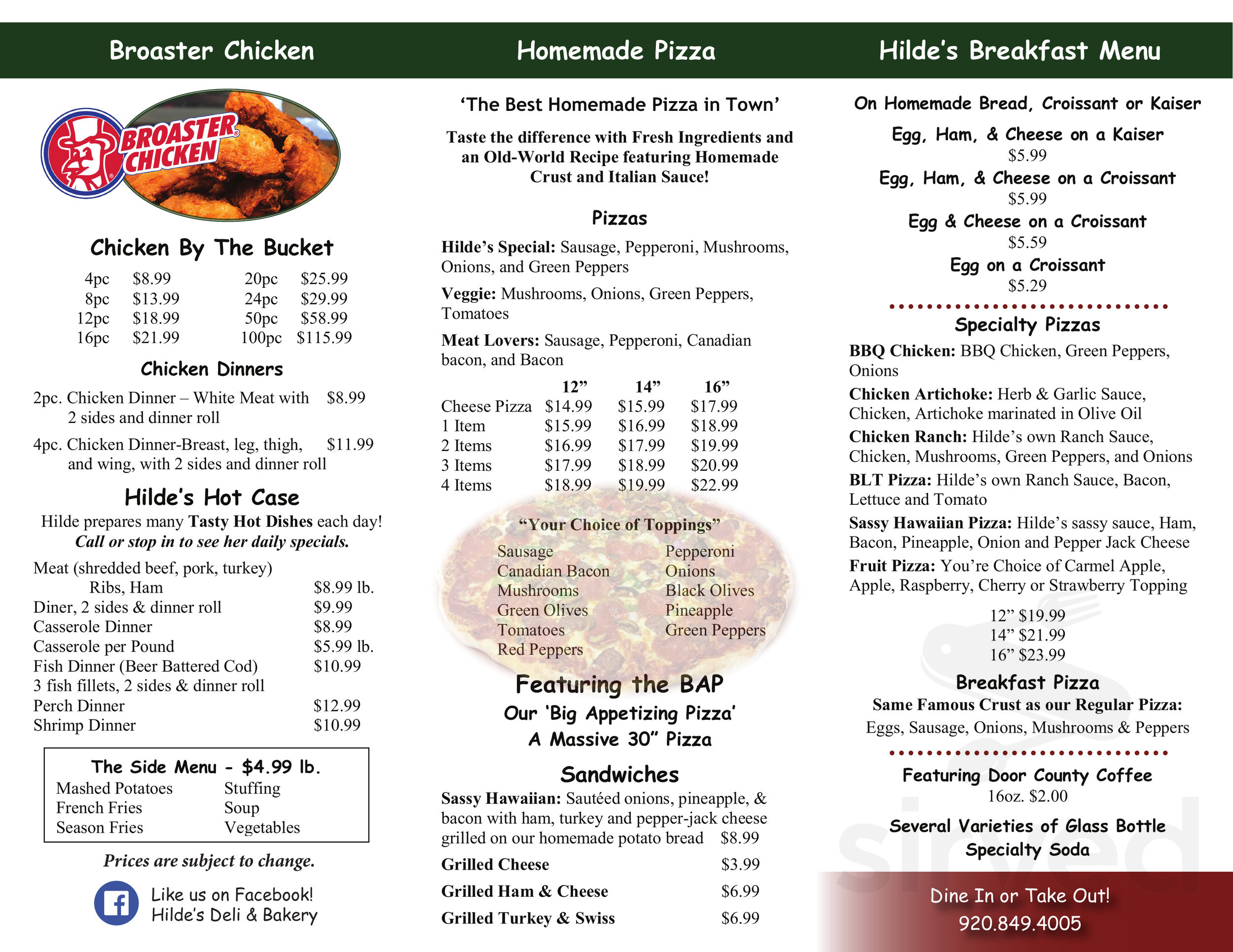Menu - Chilton WI's Hilde's Deli & Bakery | Sirved