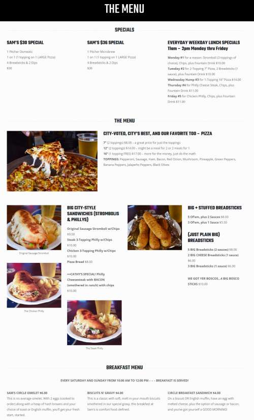 Sam's Silver Circle menu in Indianapolis, Indiana, USA