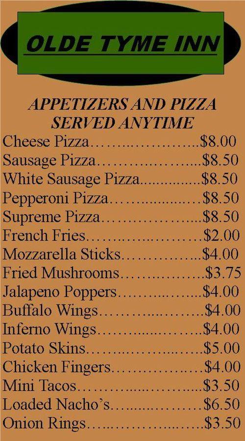 Olde Tyme Inn menu in Sandwich, Illinois, USA