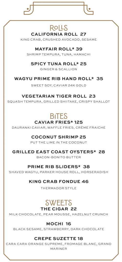 The Mayfair Supper Club menu in Las Vegas, Nevada, USA