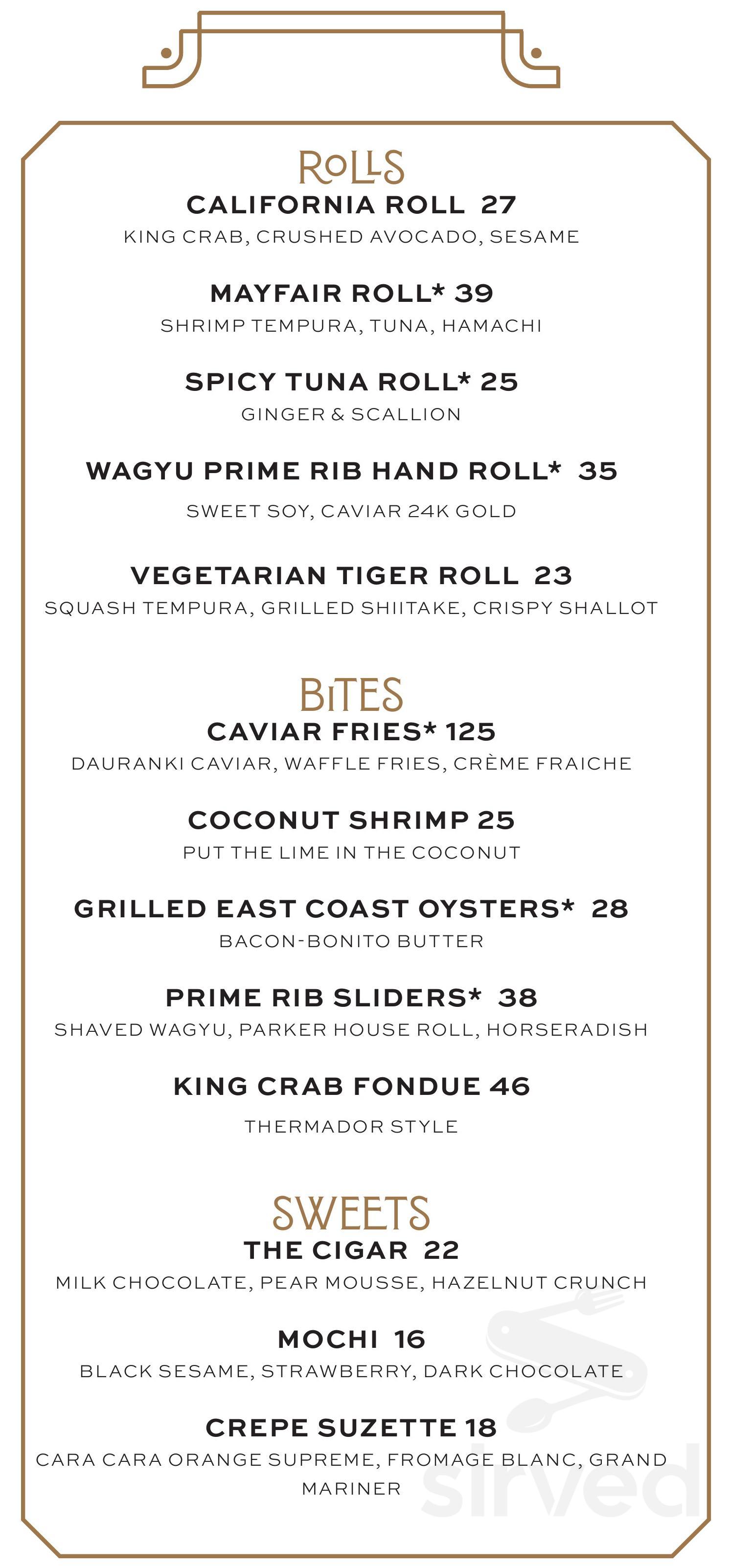 The Mayfair Supper Club Menu In Las Vegas Nevada USA