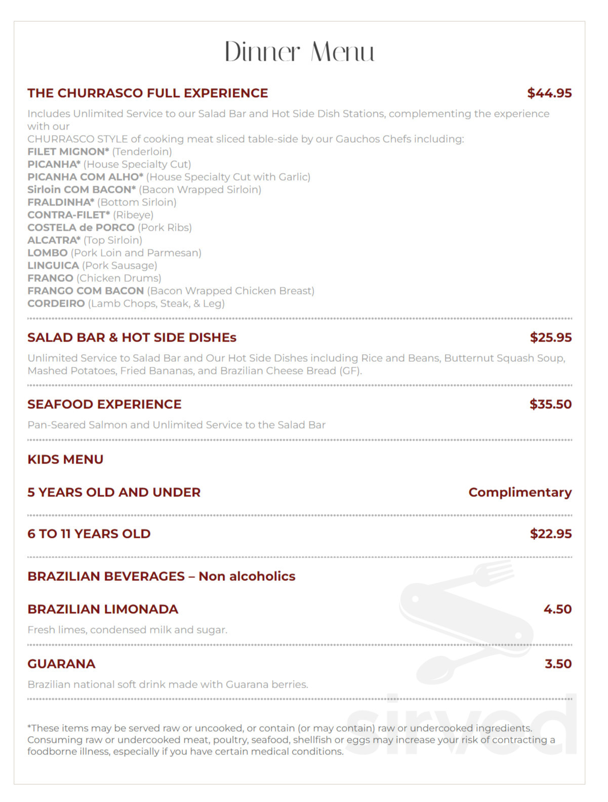 Churrasco de Brasil Brazilian Steakhouse menu in Tucson, Arizona, USA