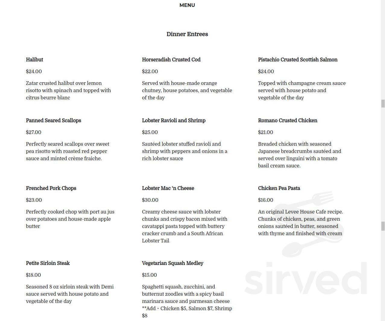 Levee House Bistro menu in Marietta, Ohio, USA