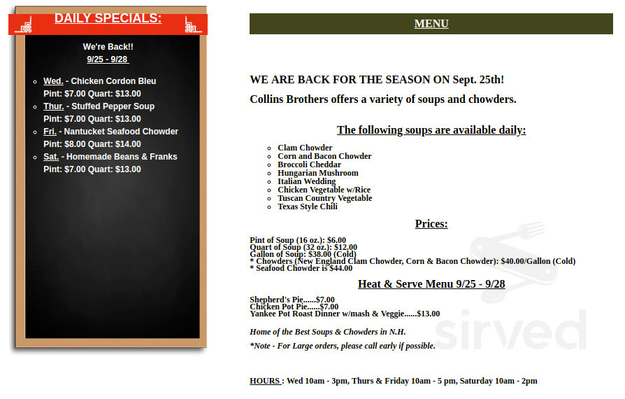 Menu for Collins Brothers Chowder in Nashua, NH | Sirved