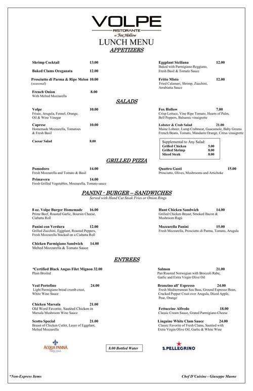 Volpe menu in Woodbury, New York, USA