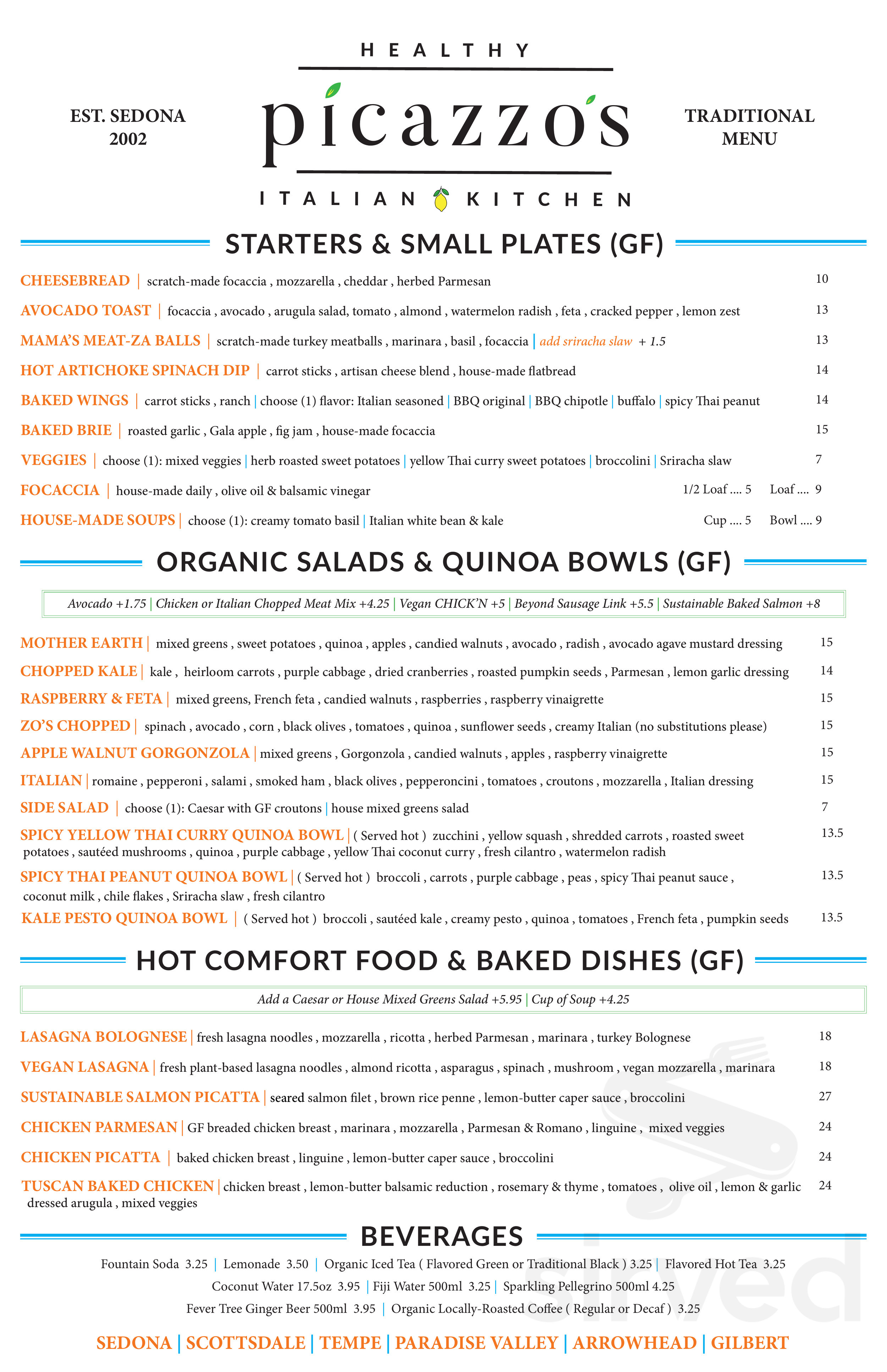 Menu - Gilbert AZ's Picazzo's Healthy Italian Kitchen Gilbert | Sirved