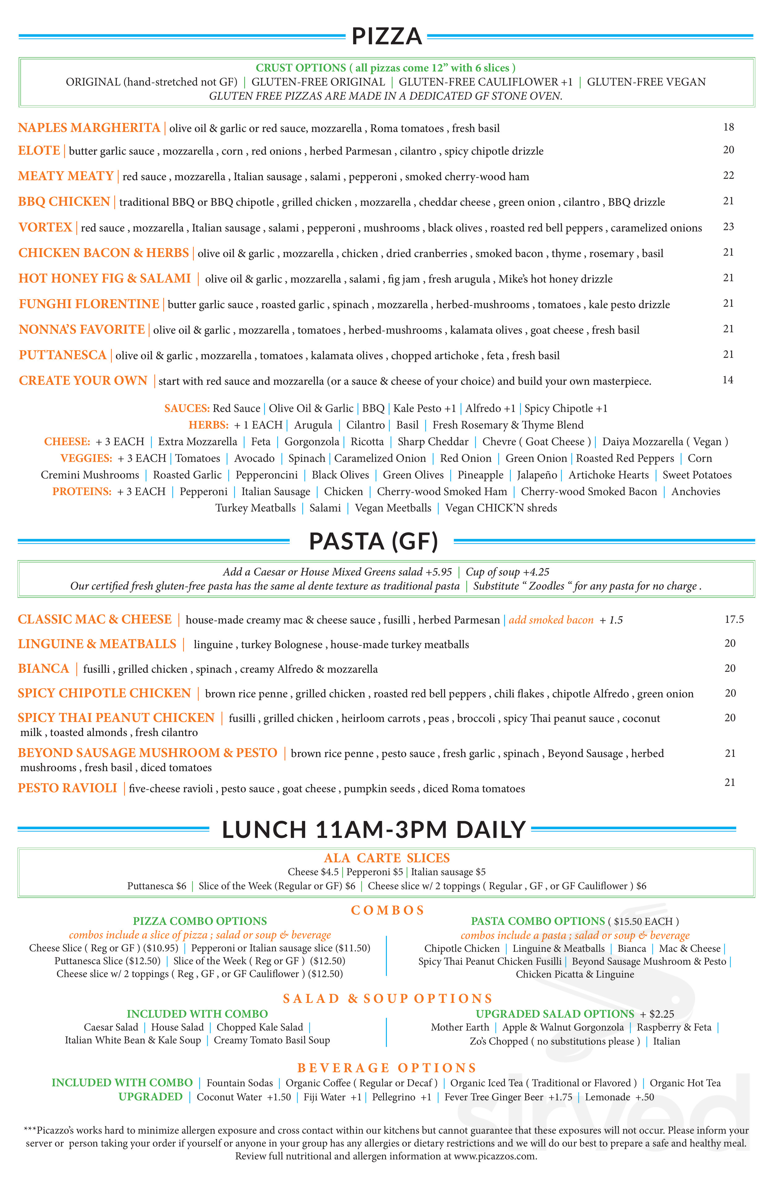Menu - Gilbert AZ's Picazzo's Healthy Italian Kitchen Gilbert | Sirved