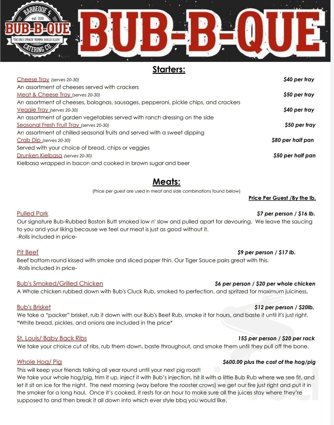 Bub-B-Que Barbecue and Catering menu in Frederick, Maryland, USA