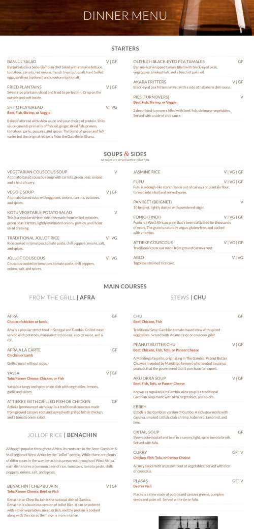 Mansa Kunda Restaurant menu in Takoma Park, Maryland, USA